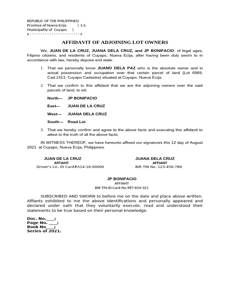 Affidavit of Adjoining Lot | PDF | Affidavit | Legal Procedure
