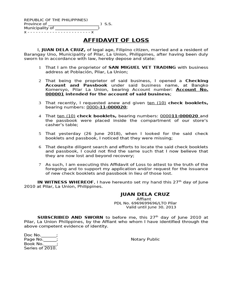 Affidavit of Loss for Check Booklets | PDF