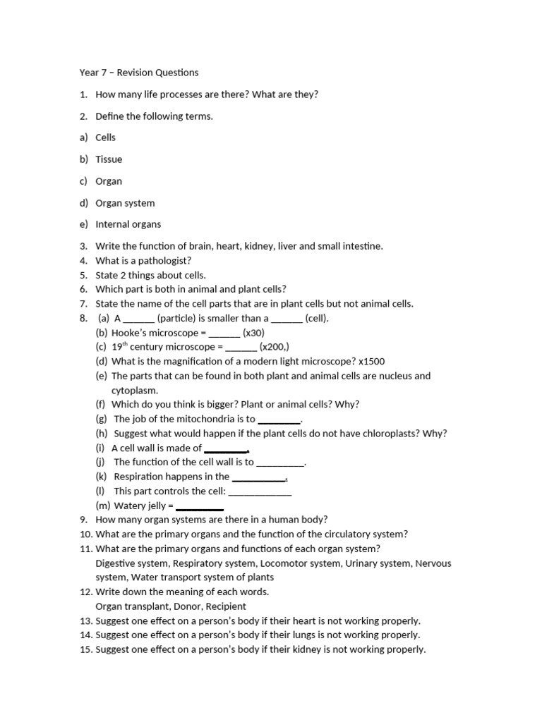 Year 7 Science Revision Questions | PDF | Renewable Energy | Cell (Biology)