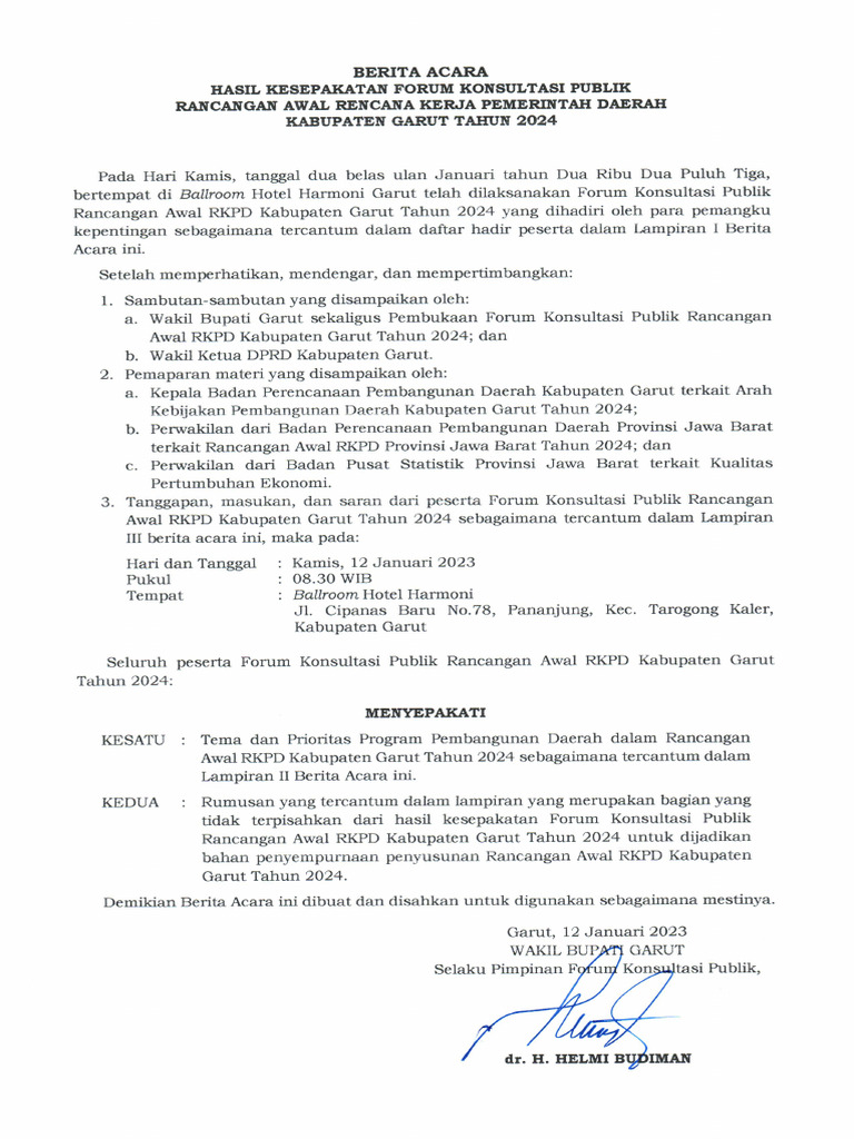 Berita Acara Forum Konsultasi Publik Ranwal RKPD Kab Garut Tahun 2024 | PDF