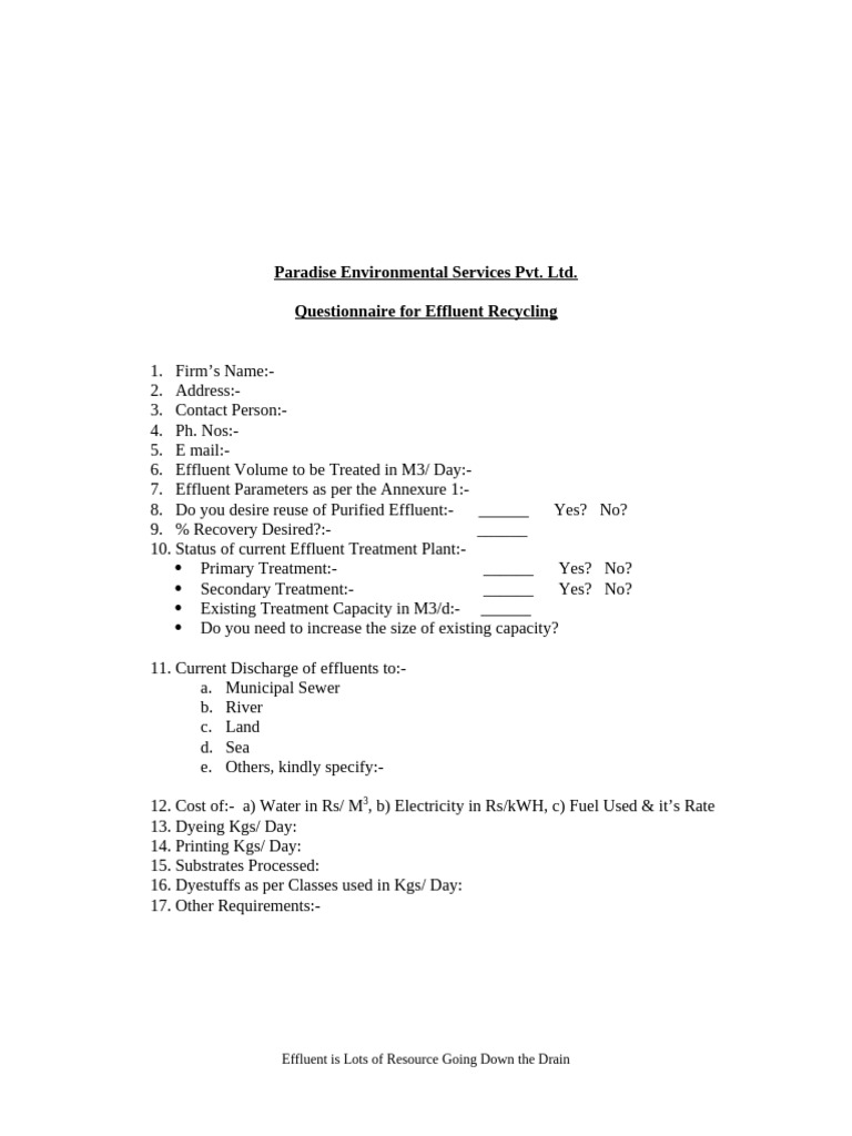 Effluent Recycling Questionnaire Template | PDF