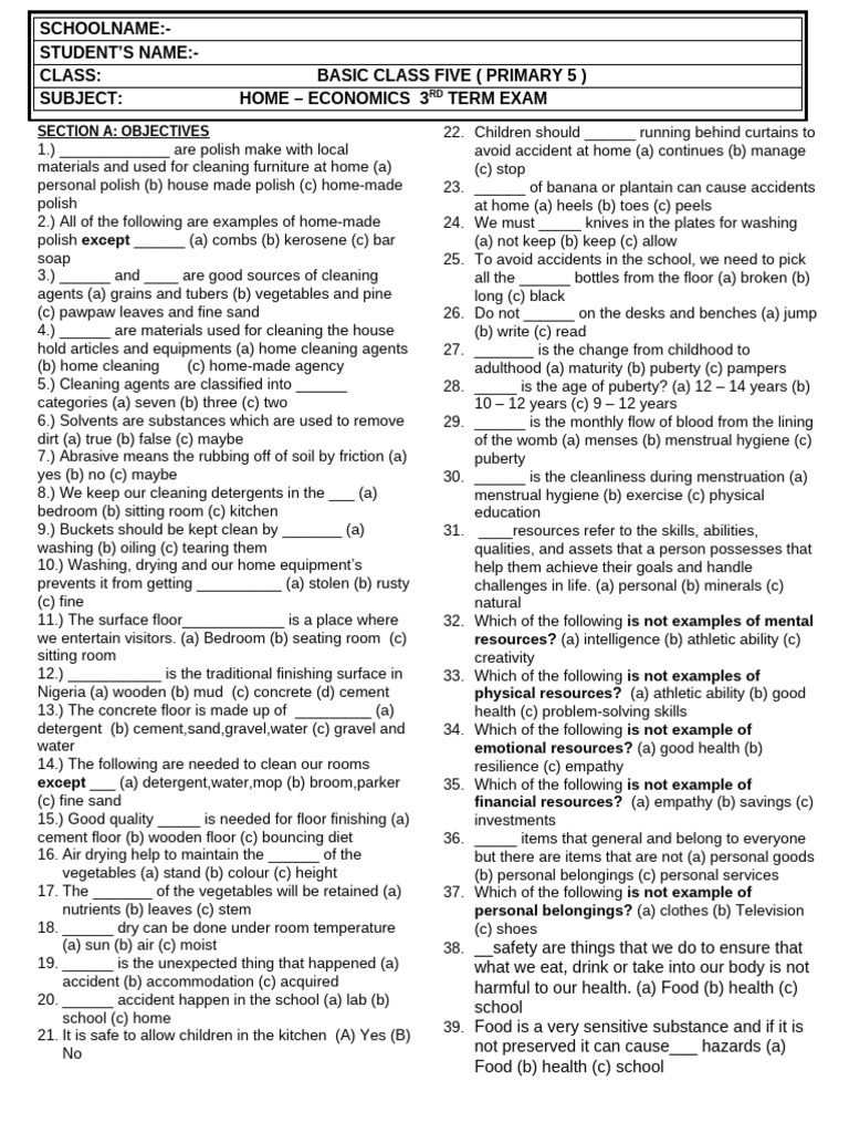 Primary 5 Home Economics Exam Guide | PDF | Cooking | Foods