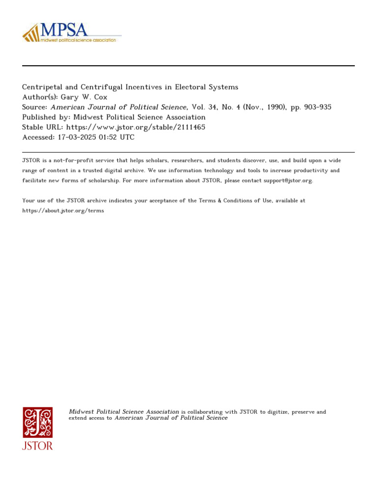 Centripetal and Centrifugal Incentives in Electoral Systems - Gary W. Cox | PDF | Voting | Elections