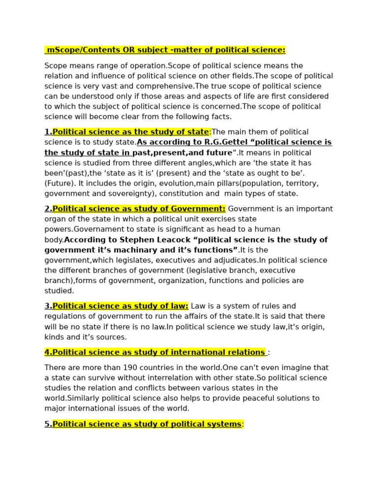 Scope, Contents or Subject Matter of Political Science | PDF | Science ...