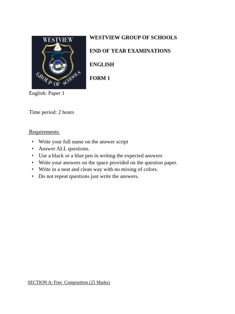 Form 1 English Paper 1 | PDF