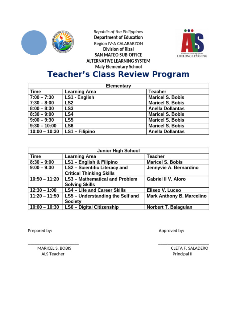 ALS Class Schedule Overview | PDF
