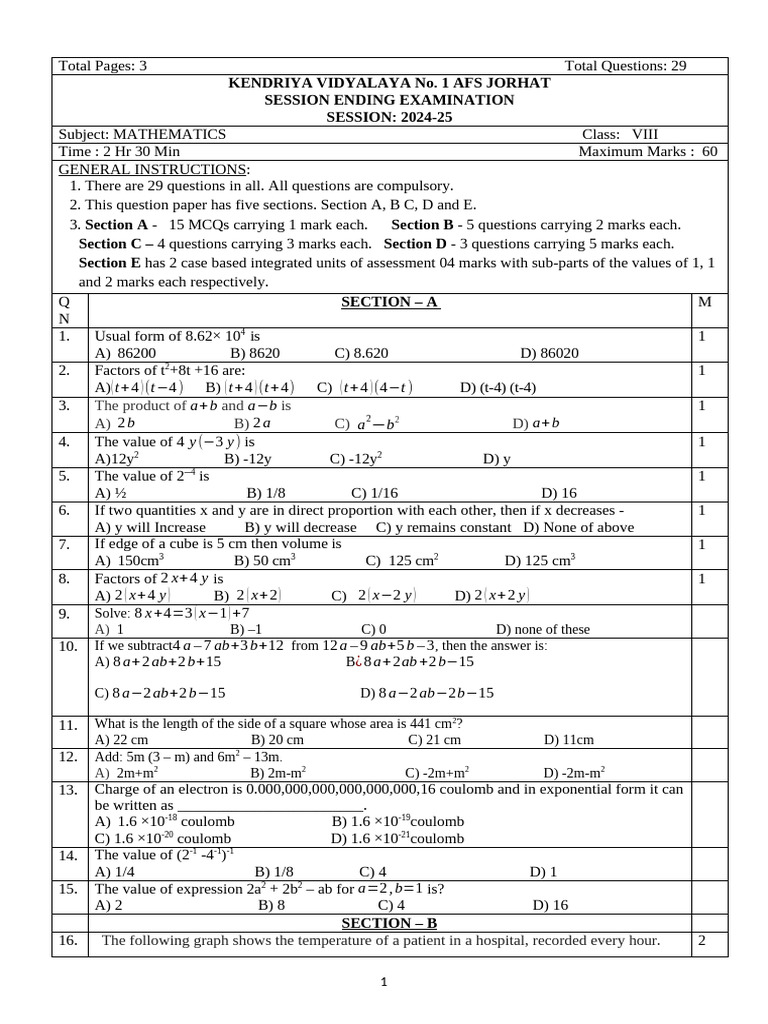 Class 8 Mathematics Exam Paper 2024-25 | PDF | Area