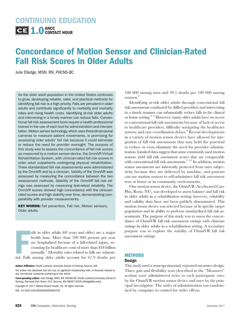 Concordance of Motion Sensor and Clinician-Rated Fall Risk Scores in ...