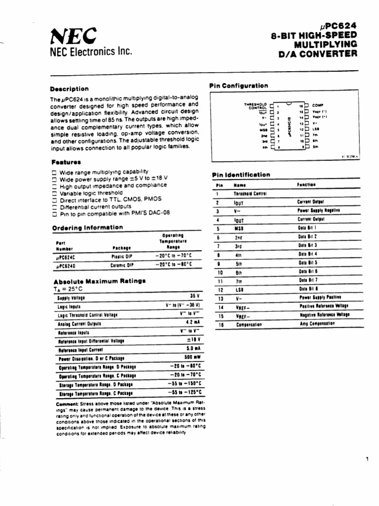 Da Converter Upc624c 8-Bit Dip 16 Nec Datasheet | PDF