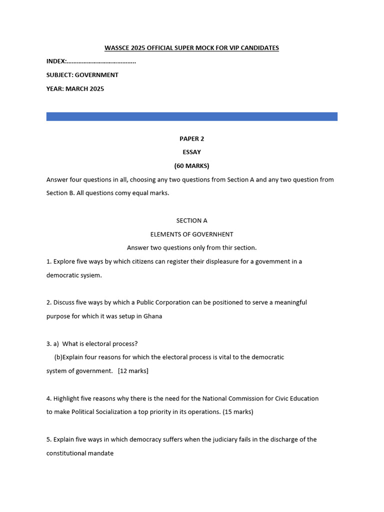 WASSCE 2025 Government Super Mock Exam | PDF | Democracy | Political ...