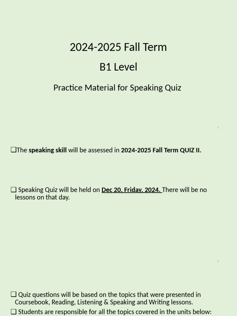 Speaking Quiz Guide for B1 Level 2024 | PDF | Vocabulary | Safety
