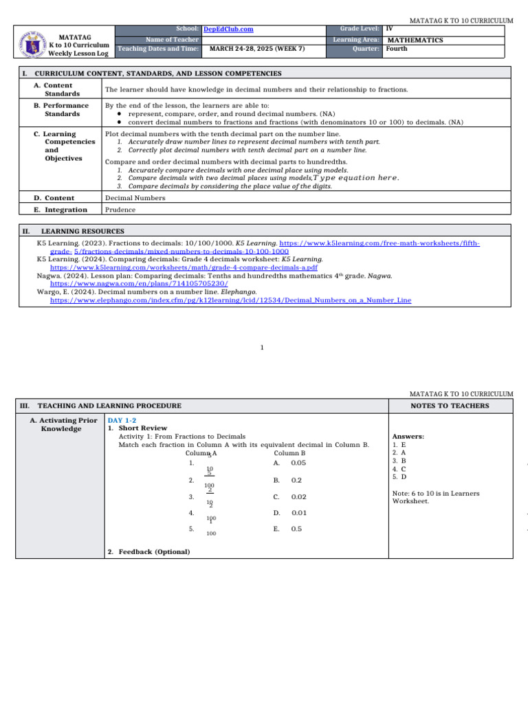 Grade 4 Math: Decimals Lesson Plan | PDF | Numbers | Human Communication