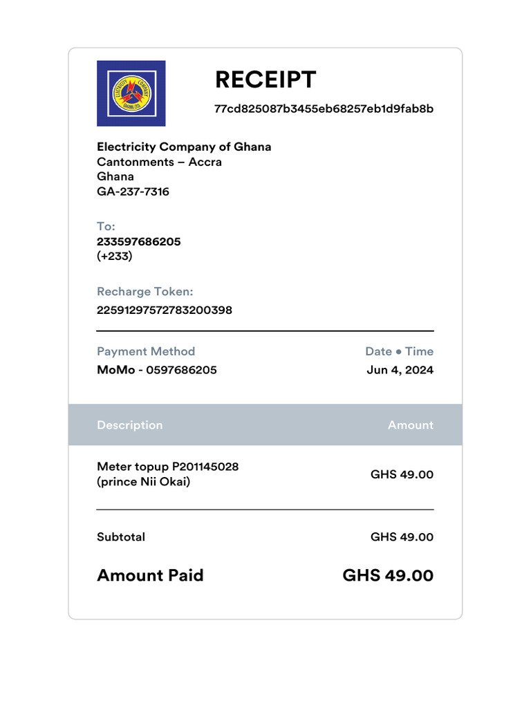 Ghana Electricity Top-Up Receipt | PDF