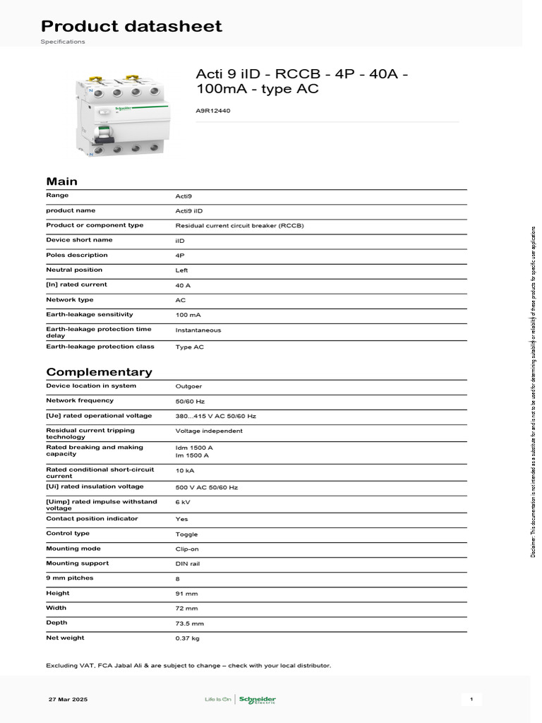 Acti 9 iID RCCB 4P 40A 100mA | PDF | Alternating Current | Electromagnetism