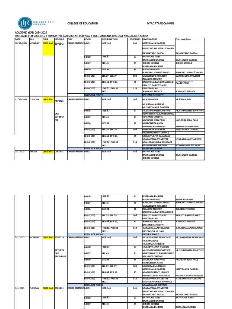 Updated Final Version in Excel Format of Ce NC Examination Timetable For Year 1 & Year 2 - Sem 1 ...