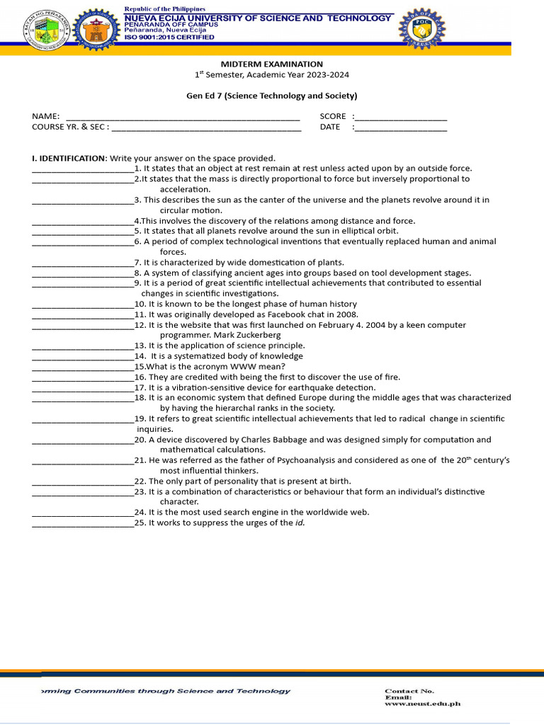 Midterm Exam: Science Technology & Society | PDF | Force | Science