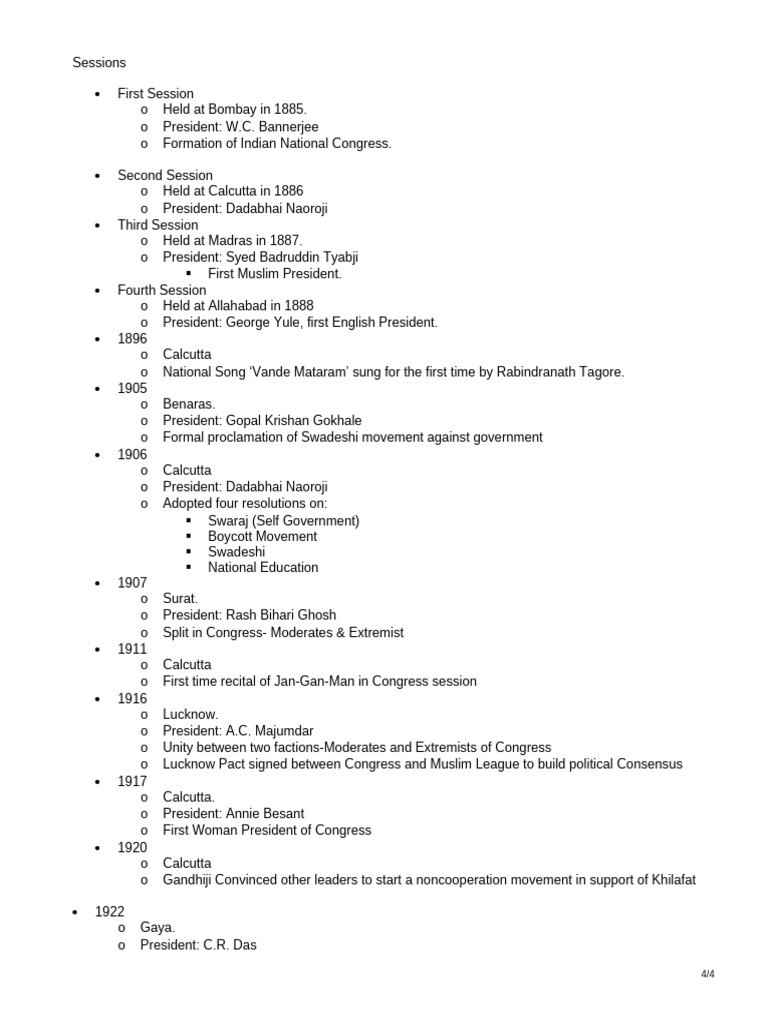 Key Sessions of Indian National Congress | PDF | Indian National ...