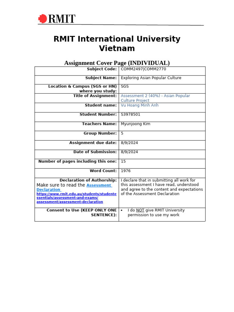 RMIT VN Cover Sheet Individual Work - Vu Hoang Minh Anh - s3978501 | PDF