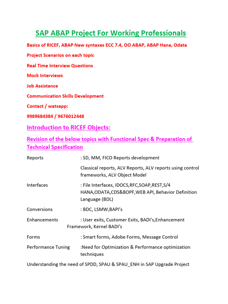 Sap Abap Project Training New Syllabus Pdf Class Computer Programming Method Computer