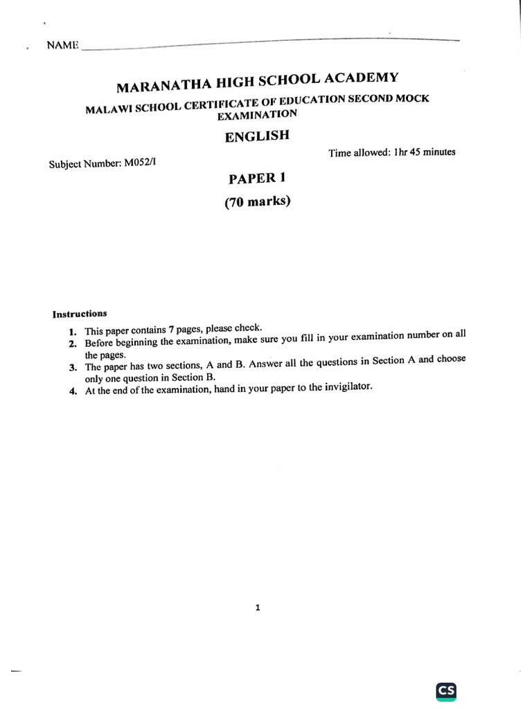 2025 MARANATHA MOCK 2 ENGLISH P1 | PDF