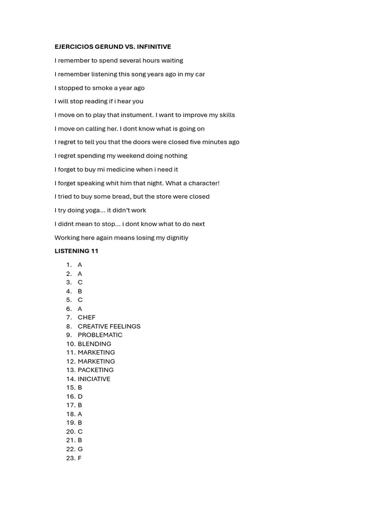Ejercicios Geround VS Infinitive | PDF