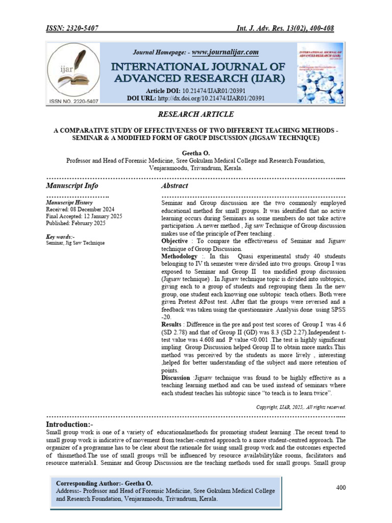 A Comparative Study of Effectiveness of Two Different Teaching Methods ...