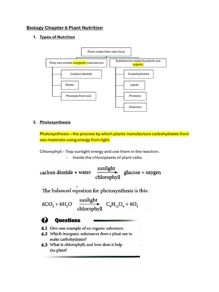 Biology Chapter 6 - Plant Nutrition | PDF | Leaf | Stoma