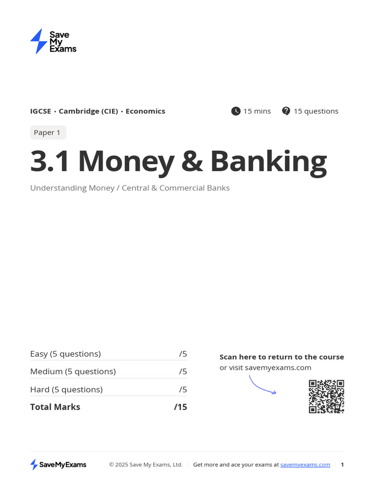 IGCSE Economics: Money & Banking Quiz | PDF | Money | Central Banks