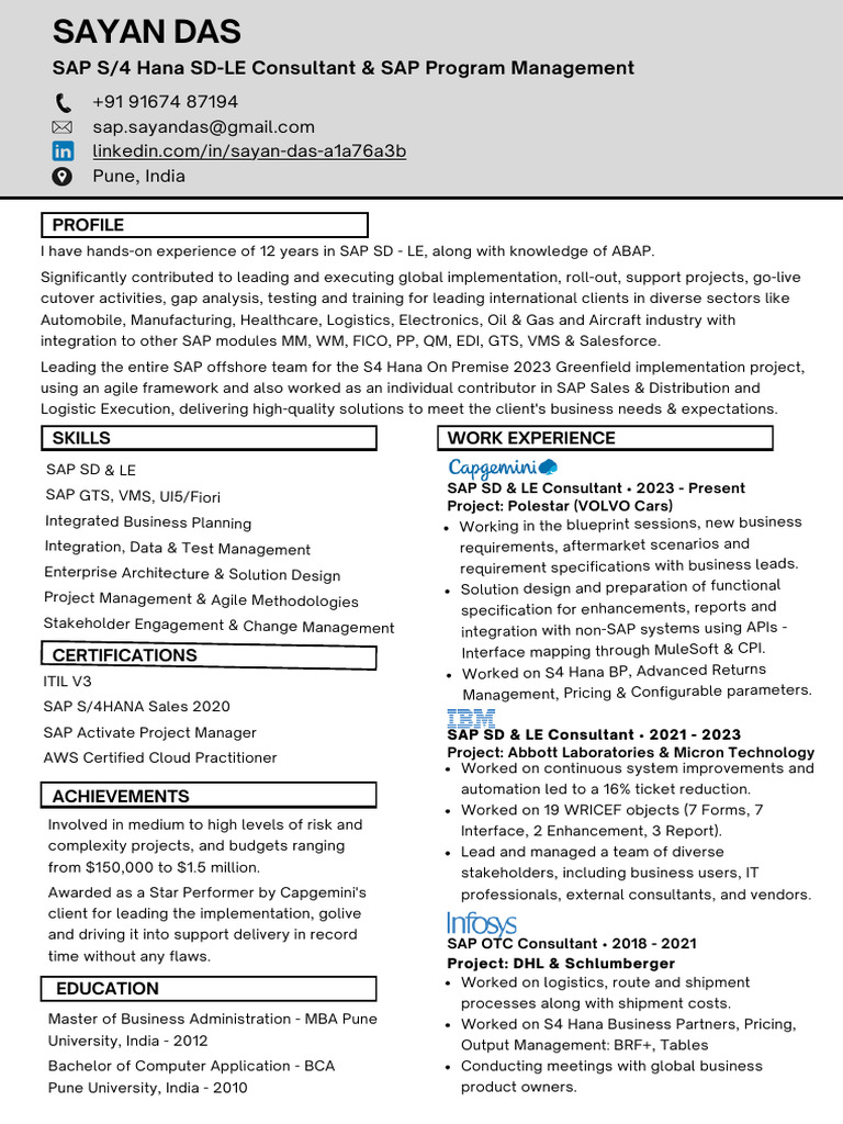 Sayan Das - SAP S4 Hana SD-LE - CV-1 | PDF | Information Technology | Computing