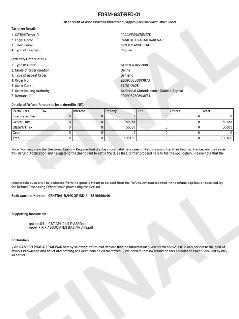 Gst Rfd-01 09agypr9078d2zd Assord Form | PDF | Taxes | Public Finance