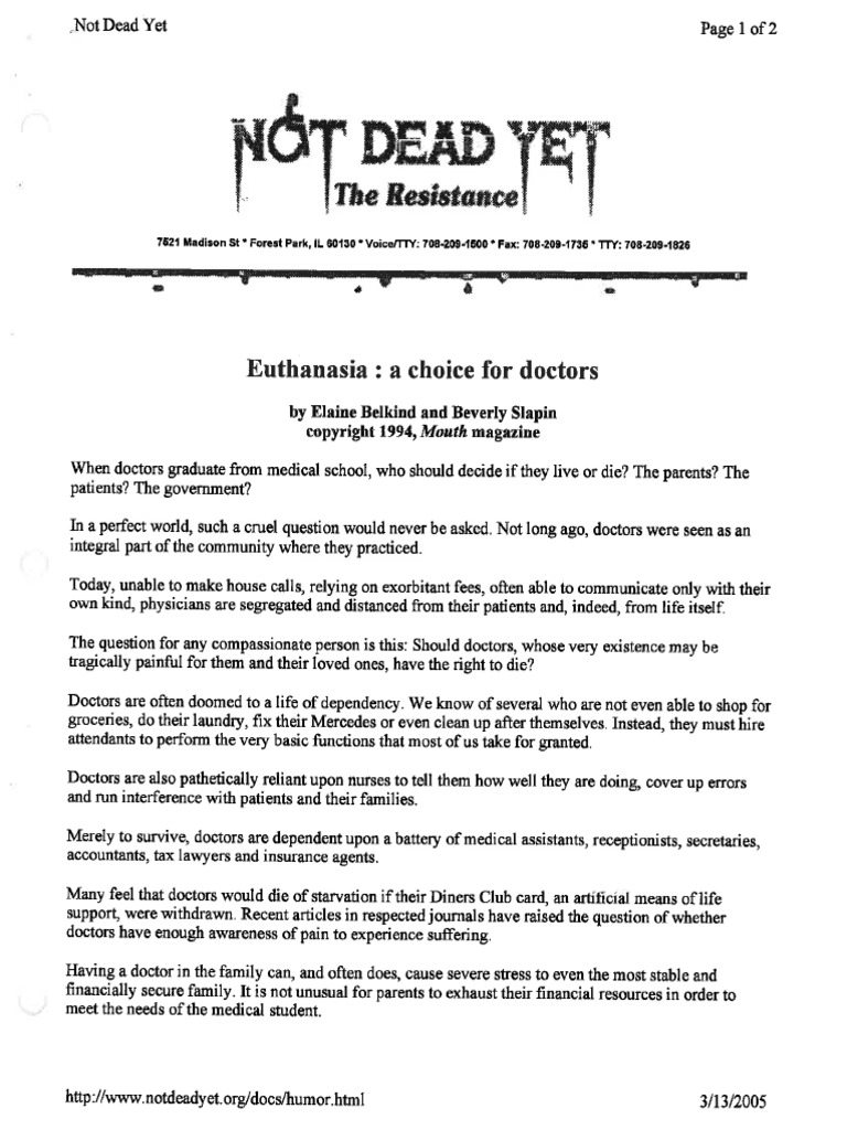 Belkind and Slapin - Euthanasia-A Choice For Doctors | PDF