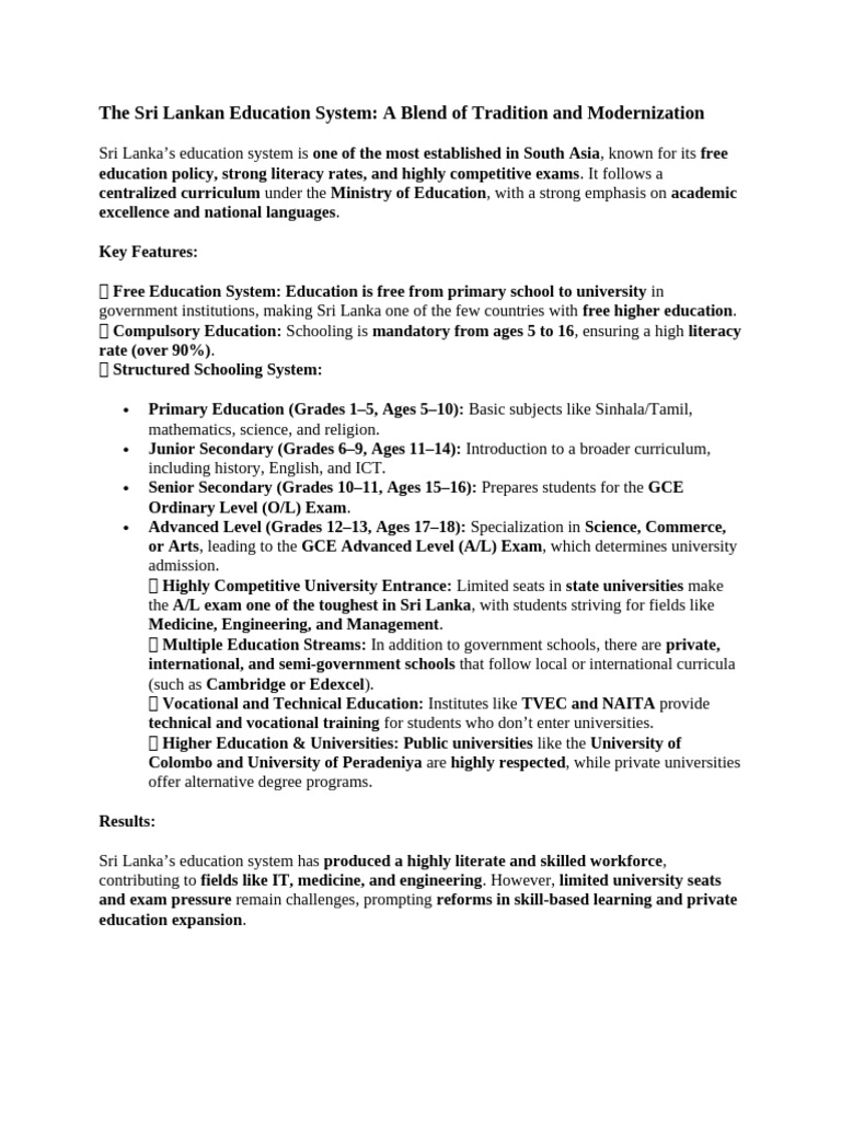 Overview of Sri Lanka's Education System | PDF