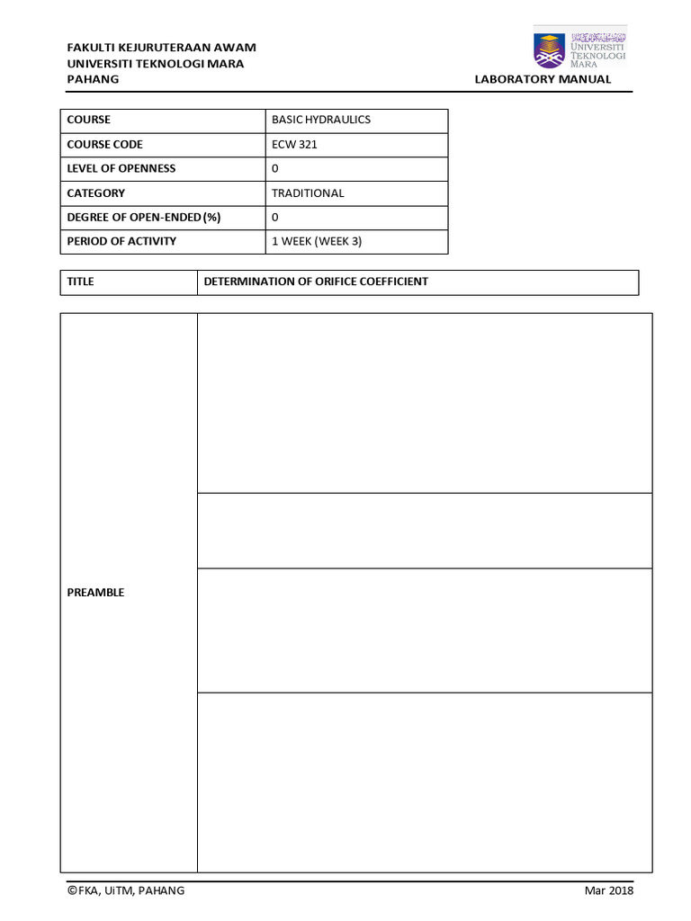 Orifice Coefficient Determination Lab | PDF | Flow Measurement ...
