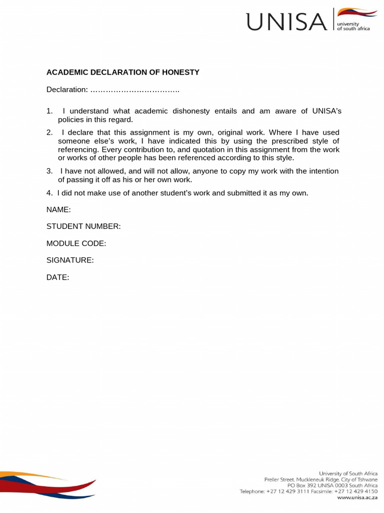 UNISA Academic Honesty Declaration Form | PDF