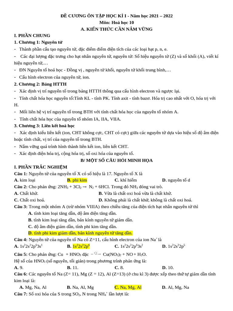 2021-2022 - Đề cương học kỳ 1 (không có OXH - K) | PDF