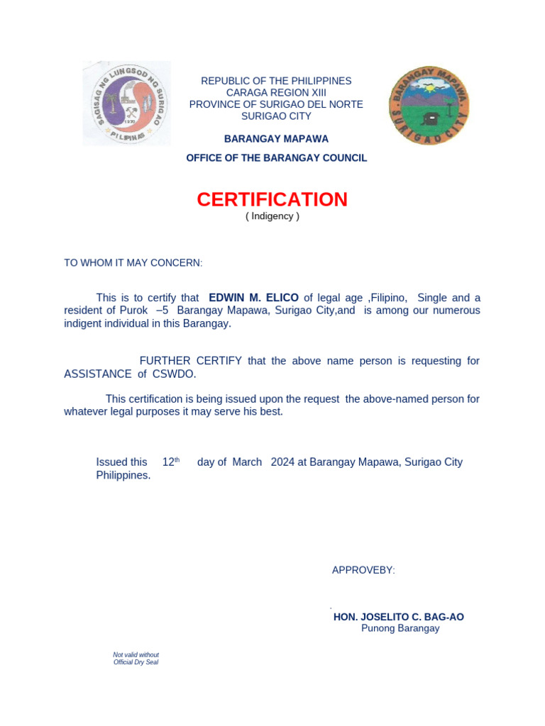 CERTIFICATION INDIGENCY 2023 For DSWD | PDF
