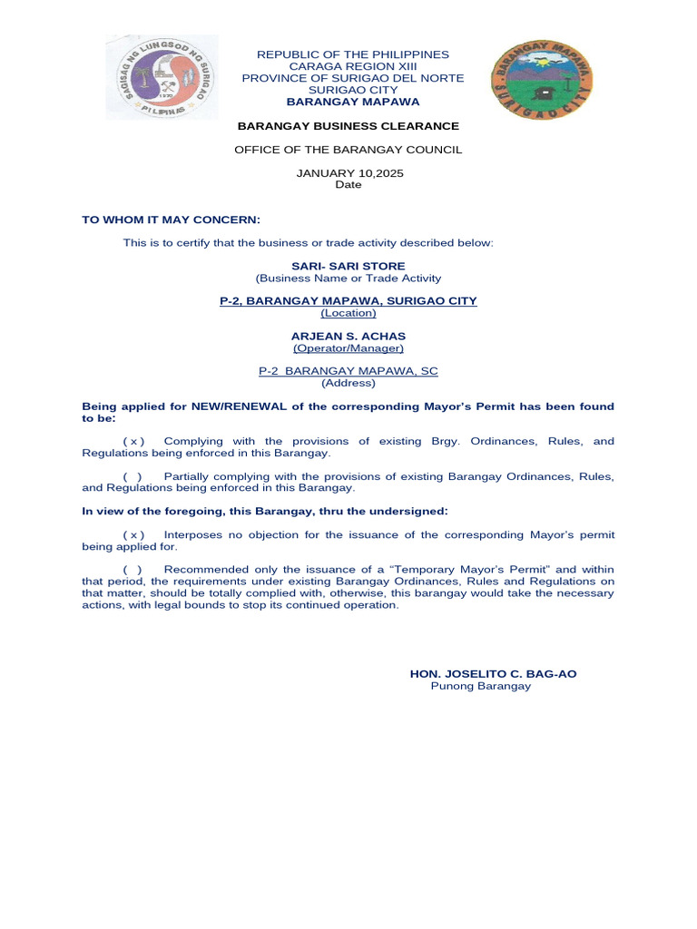 Barangay Business Clearance for Sari-Sari Store | PDF