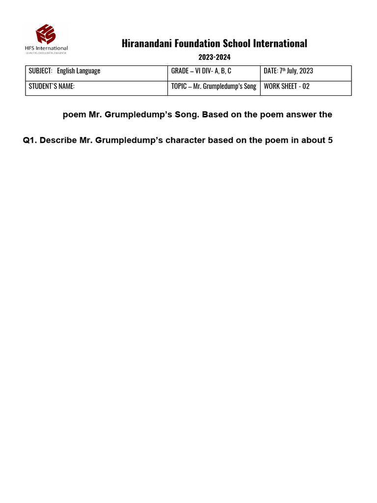 Analysis of Mr. Grumpledump’s Song | PDF