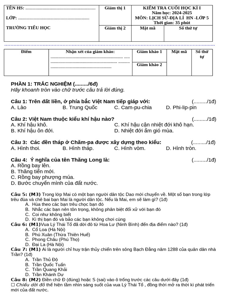 ĐỀ MÔN SỬ+ĐỊA -CK1 - LỚP 5 YẾN | PDF