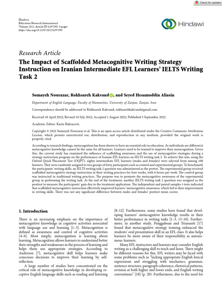 Education Research International - 2022 - Nourazar - The Impact of Scaffolded Metacognitive ...