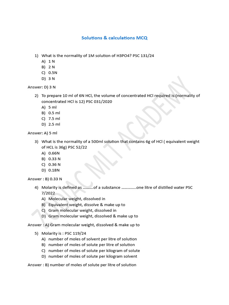 Calculations in Biochemistry MCQ | PDF | Mole (Unit) | Molar Concentration
