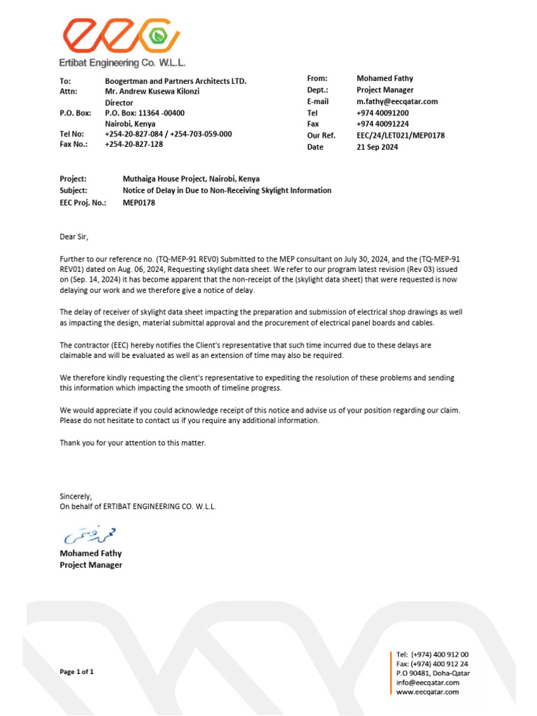 EEC24LET021-MEP0178 Notice of Delay Due To The Delay in Receiving ...