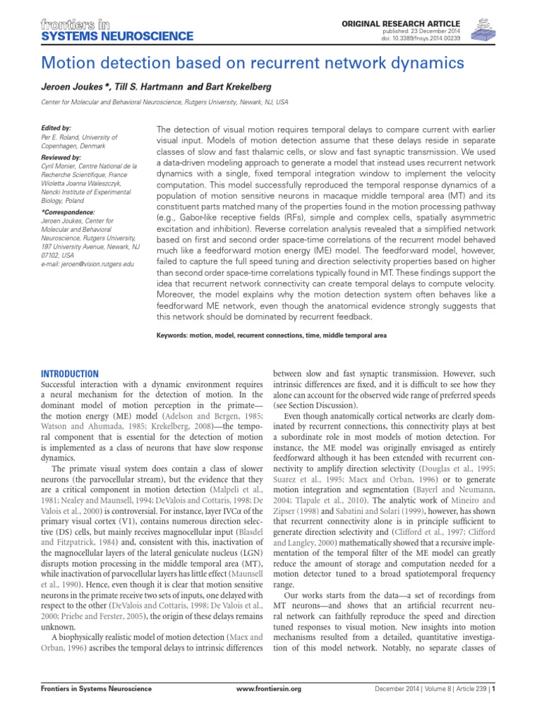 Motion Detection Based On Recurrent Network Dynamics | PDF | Visual Cortex | Filter (Signal ...