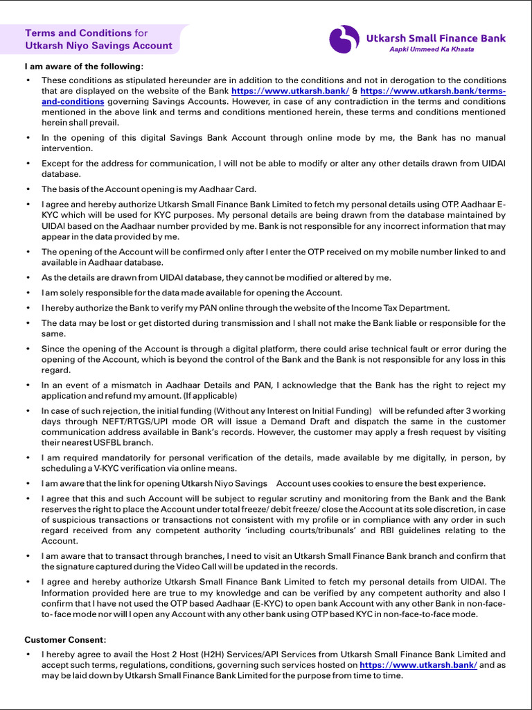 Utkarsh Small Finance Bank T&C | PDF | Cheque | Banks