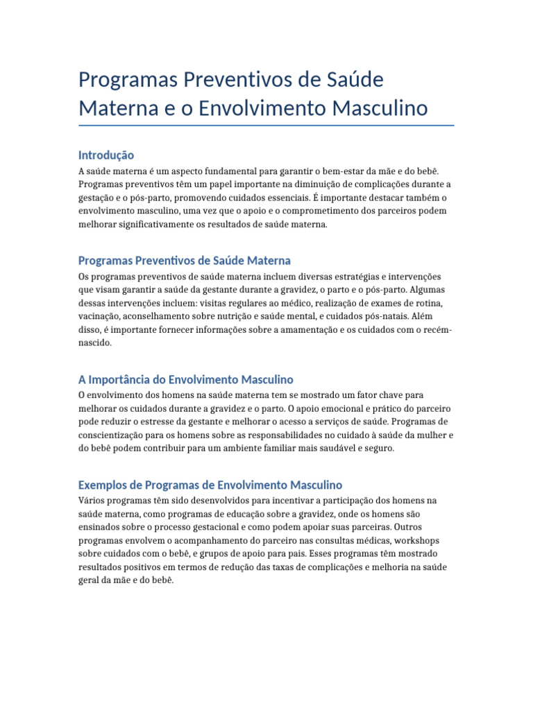 Programas Preventivos Saude Materna Envolvimento Masculino | PDF | Gravidez | Mãe