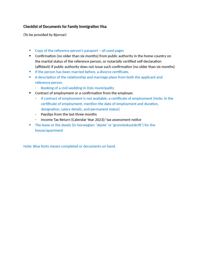 Checklist of Documents For Family Immigration Visa (To Be Provided by ...