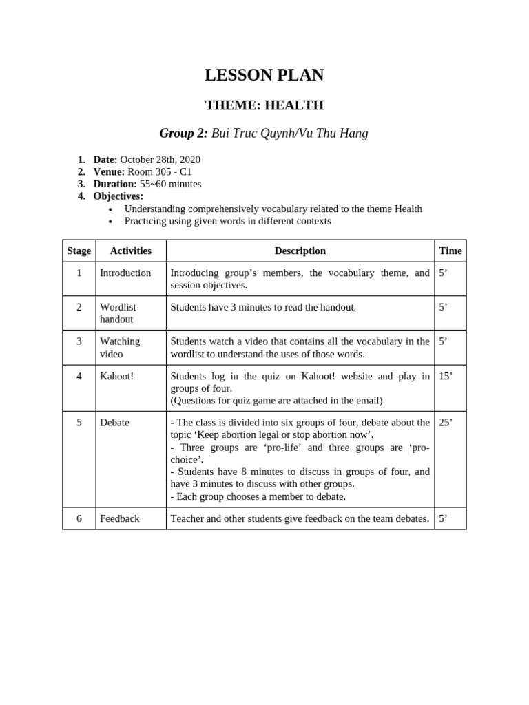 Health Vocabulary Lesson Plan | PDF