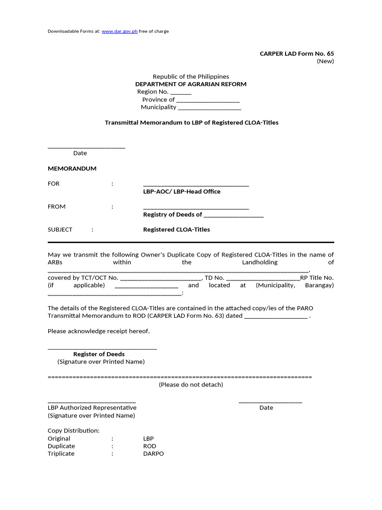 CARPER LAD Form No. 65 Transmittal Memorandum of Registered CLOA Titles ...