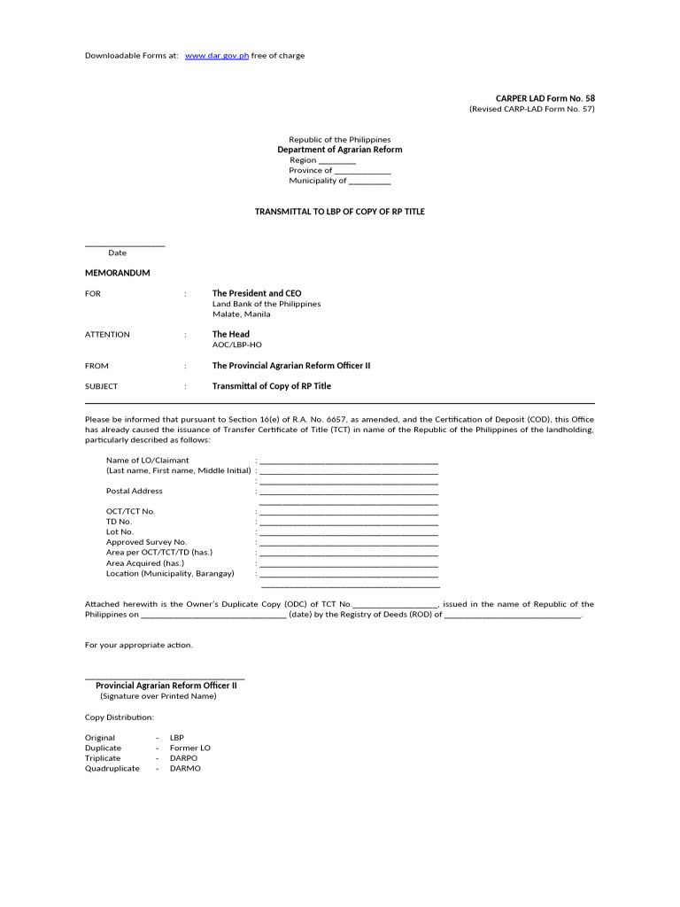 Transmittal of RP Title to LBP Form | PDF | Philippines