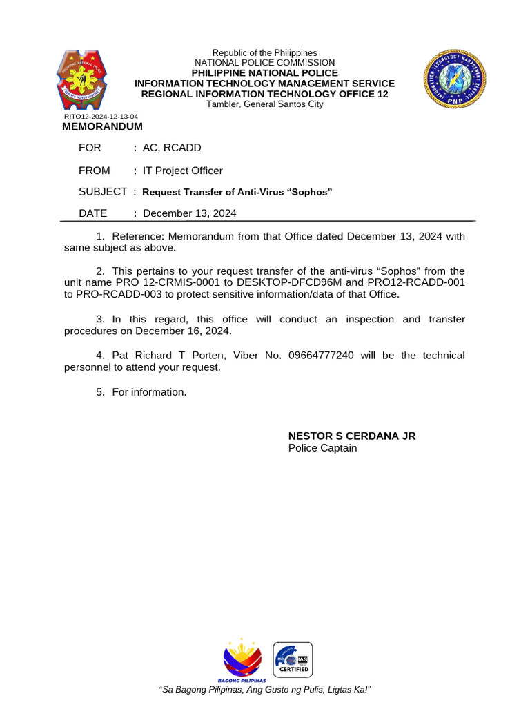 Anti-Virus Transfer Request Memorandum | PDF